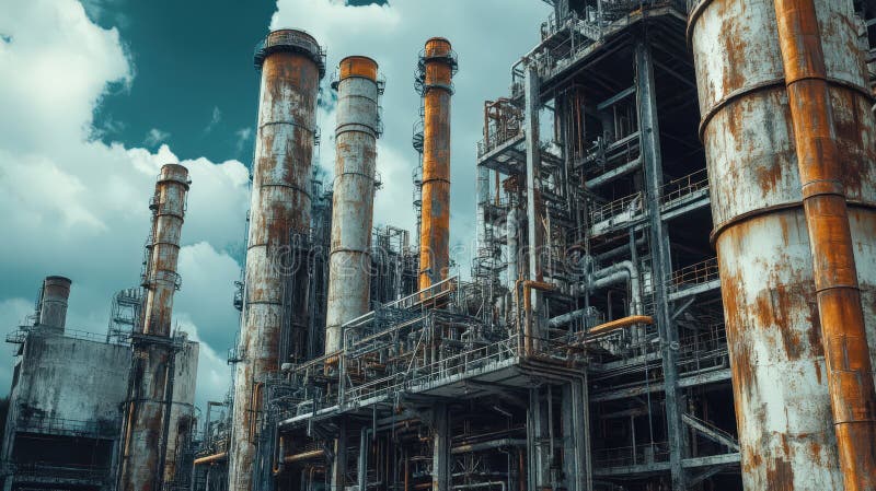 Rusty Industrial Complex Under a Cloudy Sky Stock Illustration ...