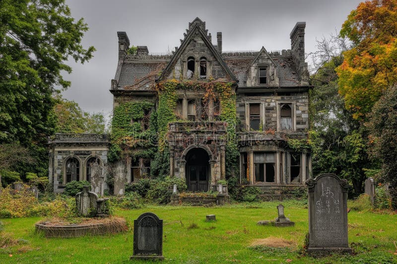 Dilapidated Ivy-covered House with a Cemetery in Front Abandoned ...