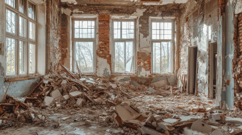A Dilapidated Room with Debris and Broken Windows Stock Illustration ...