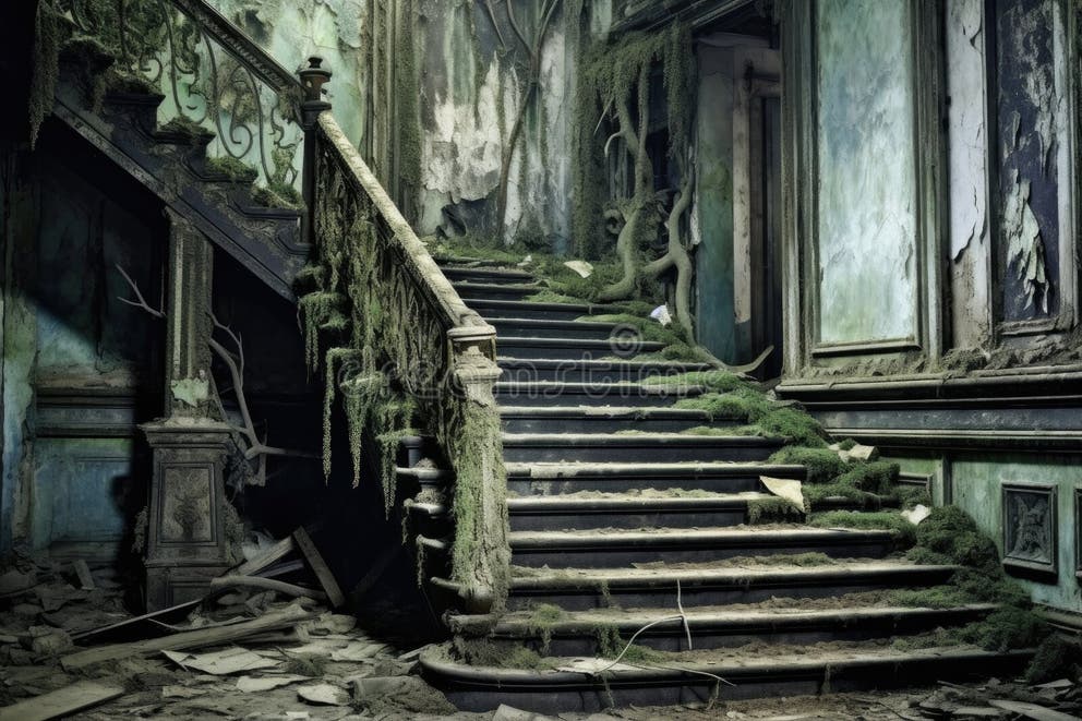 Dilapidated Staircase with Missing Steps in a Spooky House Stock ...