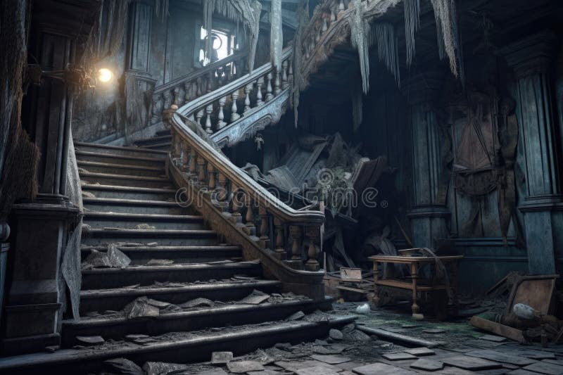 Dilapidated Staircase with Missing Steps in a Spooky House Stock ...
