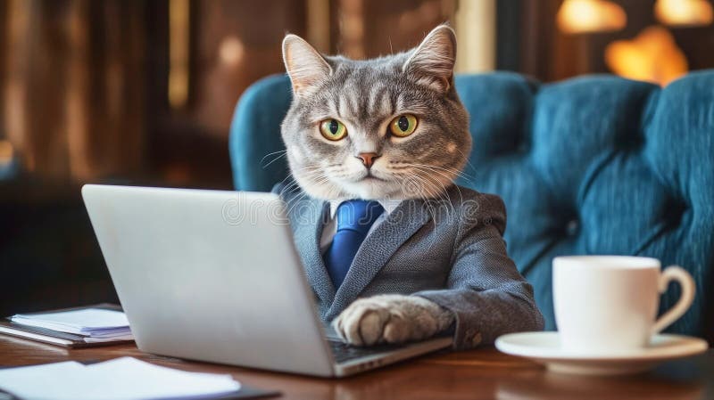 Diligent Cat in Formal Business Suit Typing at Office Desk with Coffee ...