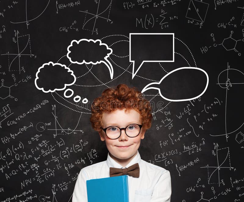 Diligent Child Boy with Empty Bubble Clouds on Chalkboard Background ...