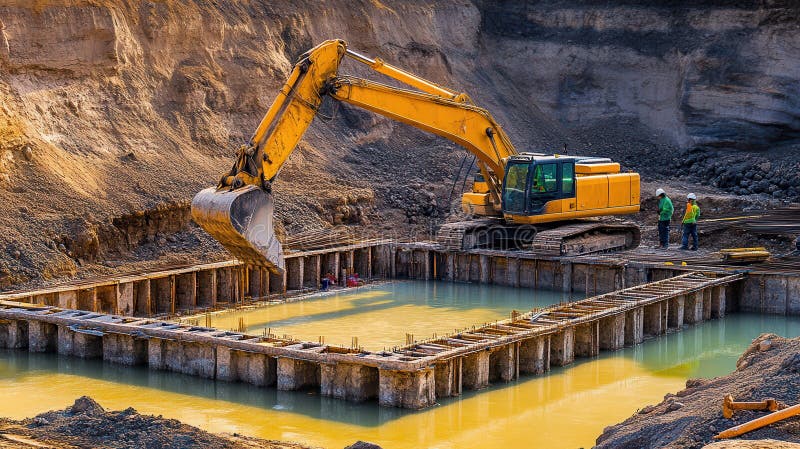 A Diligent Construction Worker Skillfully Chisels Concrete, Surrounded ...