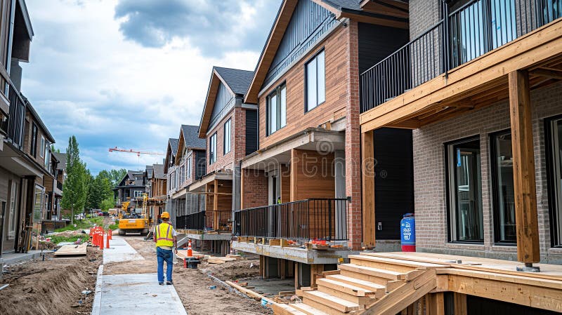 A Diligent Construction Worker Stands on the Sidewalk, Surrounded by ...