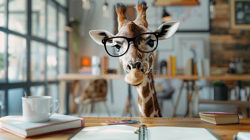 Diligent Giraffe is Studying at the Table Wearing Glasses in the Room ...