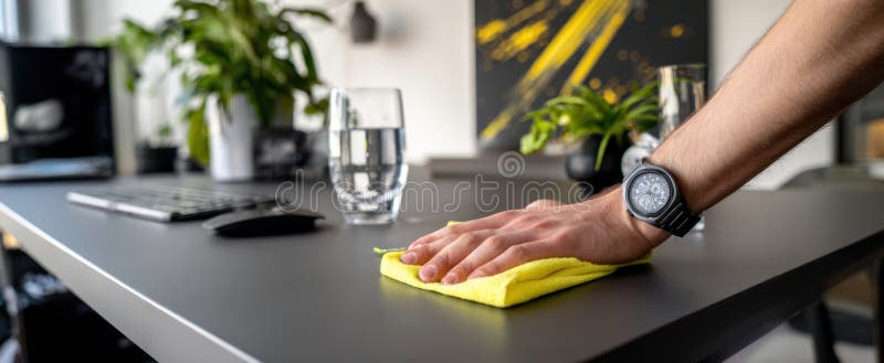 The Diligent Hand Cleaning a Modern Office Desk with a Bright Cloth AI ...