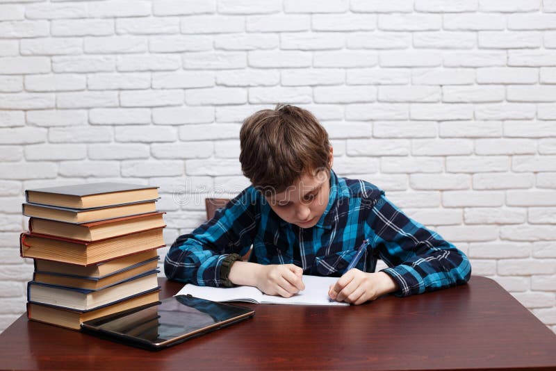 Diligent Schoolboy Writing Down a Task into a Notebook. Elementa Stock ...