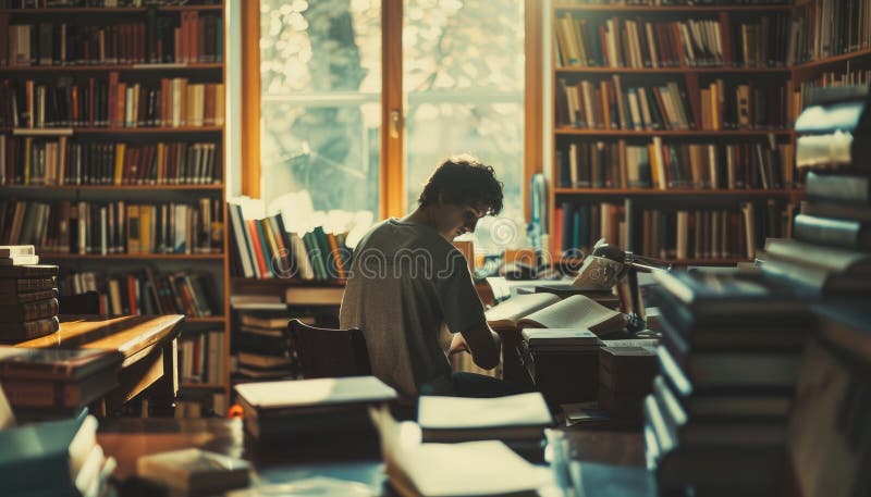 Diligent Student Immersed in Latenight Library Sessions, Surrounded by ...