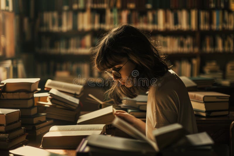 Diligent Student Immersed in Latenight Library Sessions, Surrounded by ...