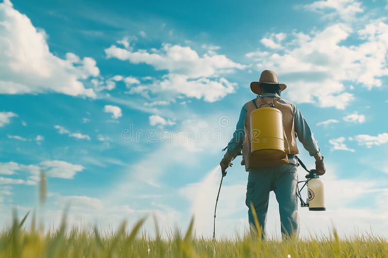 A Diligent Worker is Spraying Herbicides Using a Backpack Sprayer, Clad ...