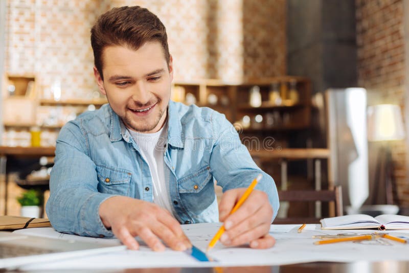 Merry Cheerful Guy Drawing Plan Stock Image - Image of engineer ...