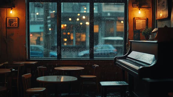 Dim Caf Interior with Rainy Window and Soft Jazz. Stock Image - Image ...