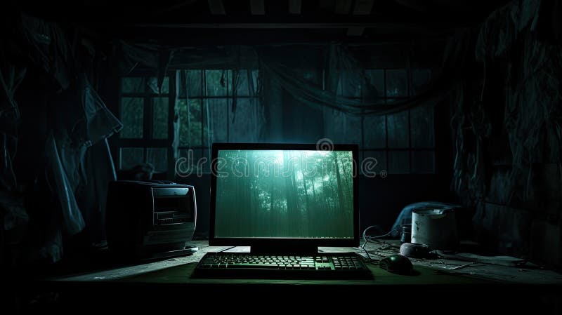 Dim computer screen dark stock illustration. Illustration of eerie ...