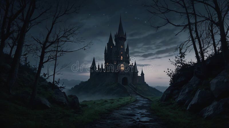 Dim, Enchanted Castle Standing at the End of the Forest Road at Dawn ...