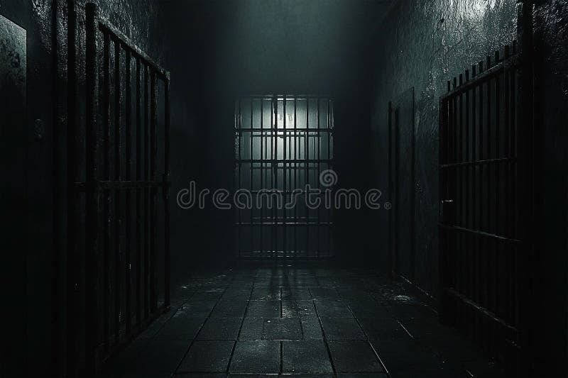 A Dim and Foreboding Prison Corridor with Cell Doors and Barred Gates ...
