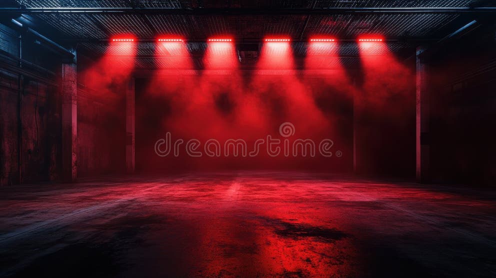 Dim Industrial Interior with Red Stage Lights Creating a Dramatic ...