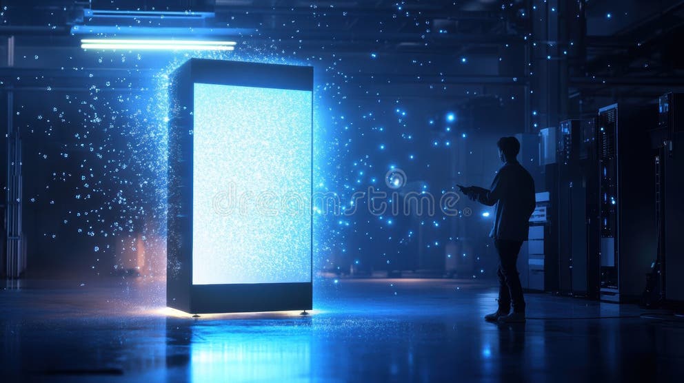 Quantum Computing Developer Engages with Holographic Algorithms in a High-tech Lab Filled with ...