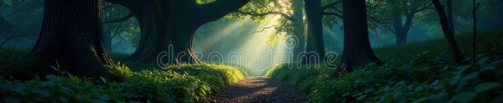 Dim Light Illuminates Overgrown Path, Ancient Trees Loom , Mist, Shadow ...
