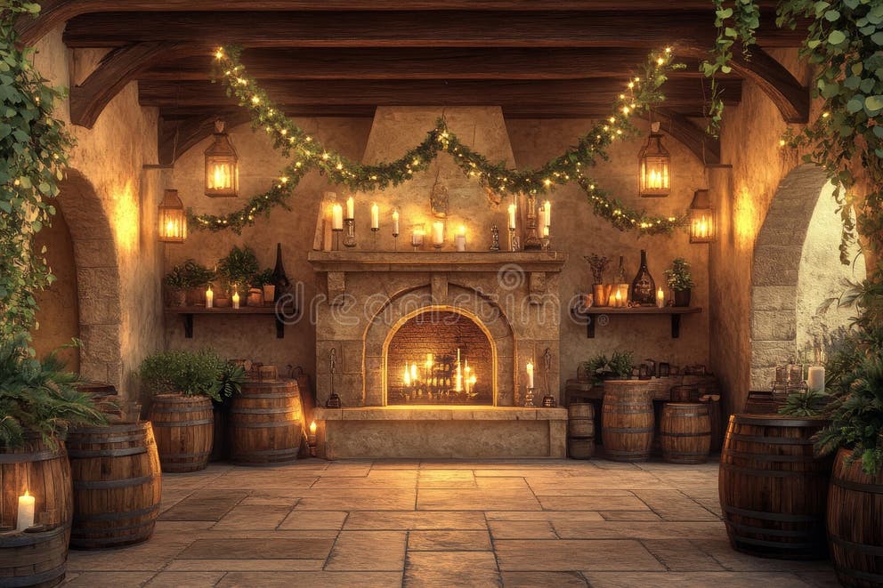 Dim Lighting and Wooden Accents Complement the Cozy Stone Fireplace in ...