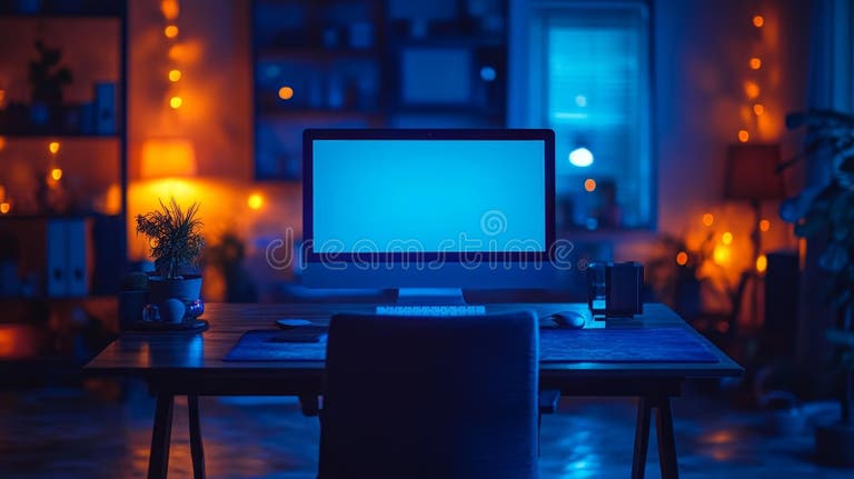 Dim-Lit Office with Empty Desk and Blank Computer Screen Stock ...