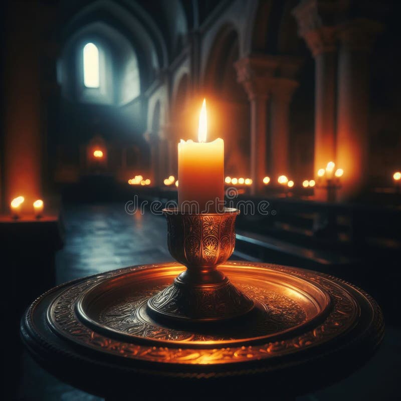 A Lit Candle Flickering in a Dim Medieval Chapel, Emphasizing the ...