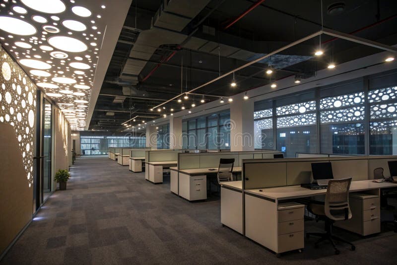 Dim Open Space Office with Abstract Lighting Stock Illustration ...