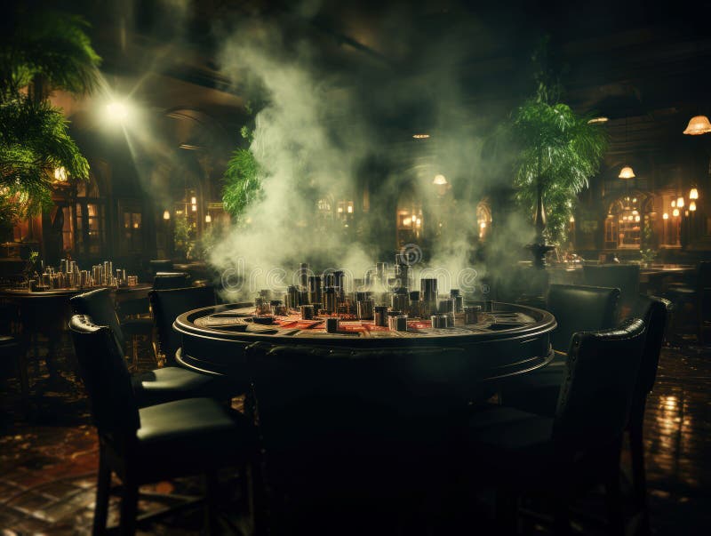 A Dim, Smoky Room with a Central Focus on a Lit Dining Table, Possibly ...