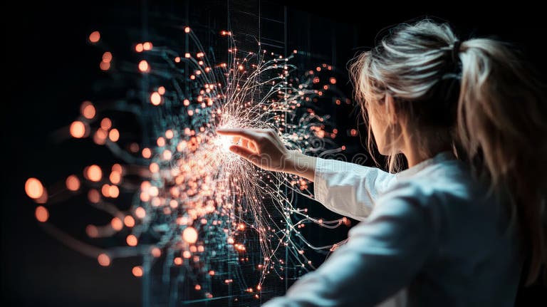 In a Dim Space, a Person Engages with a Glowing Interface, Visualizing ...