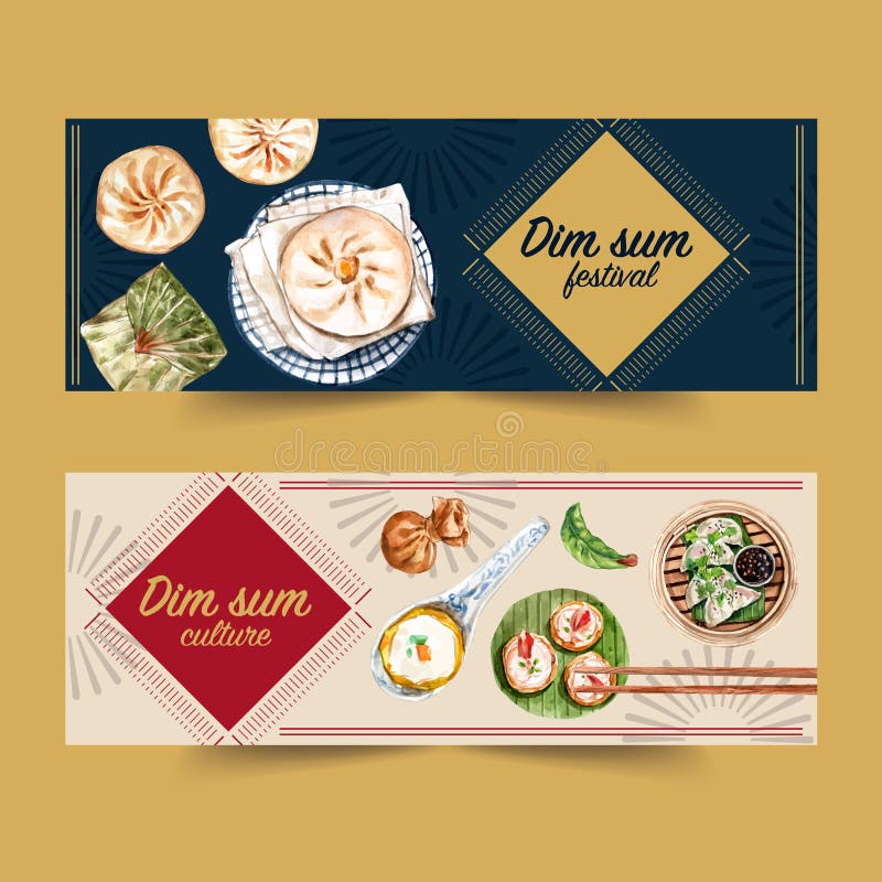 Dim Sum Banner Design with Dumpling Watercolor Illustration Stock ...