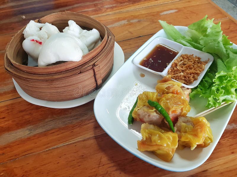 Dim Sum Dumpling and Red Pork Bun, Traditional Basic Chinese Breakfast ...