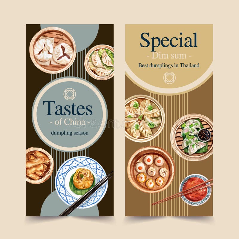 Dim Sum Flyer Design with Spring Roll, Dumpling Watercolor Illustration ...