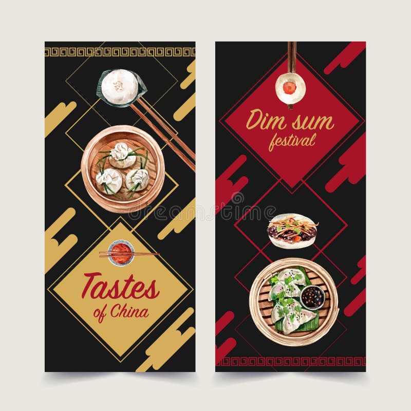 Dim Sum Flyer Design with Steamed Bun, Dumpling Watercolor Illustration ...