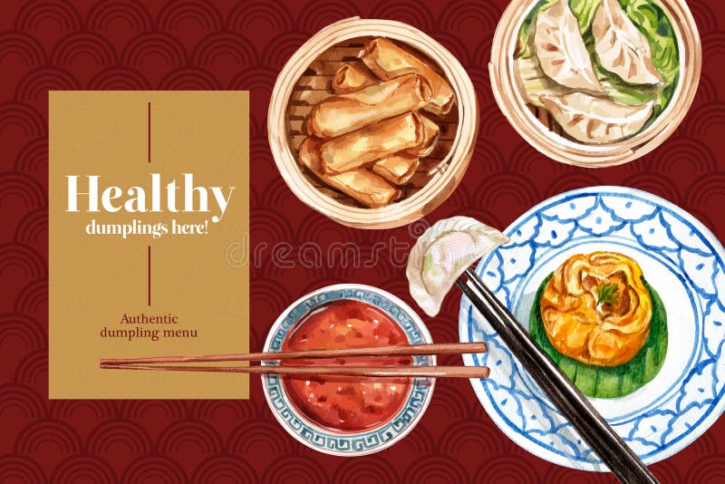 Dim Sum Frame Design with Spring Roll Watercolor Illustration Stock ...