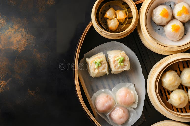 Dim Sum Set in Bamboo Tray, Soft Warm Light with Lower Third Space for ...