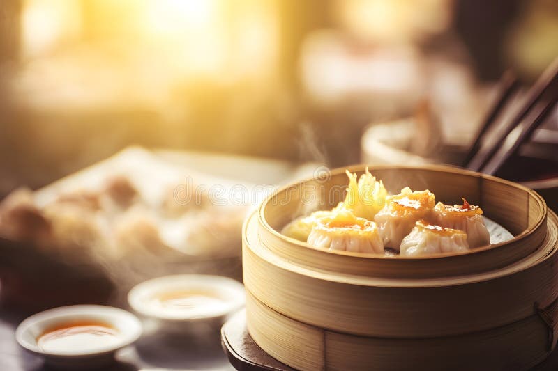 Dim Sum Set in Bamboo Tray, Soft Warm Lighting, Lower Third Space ...