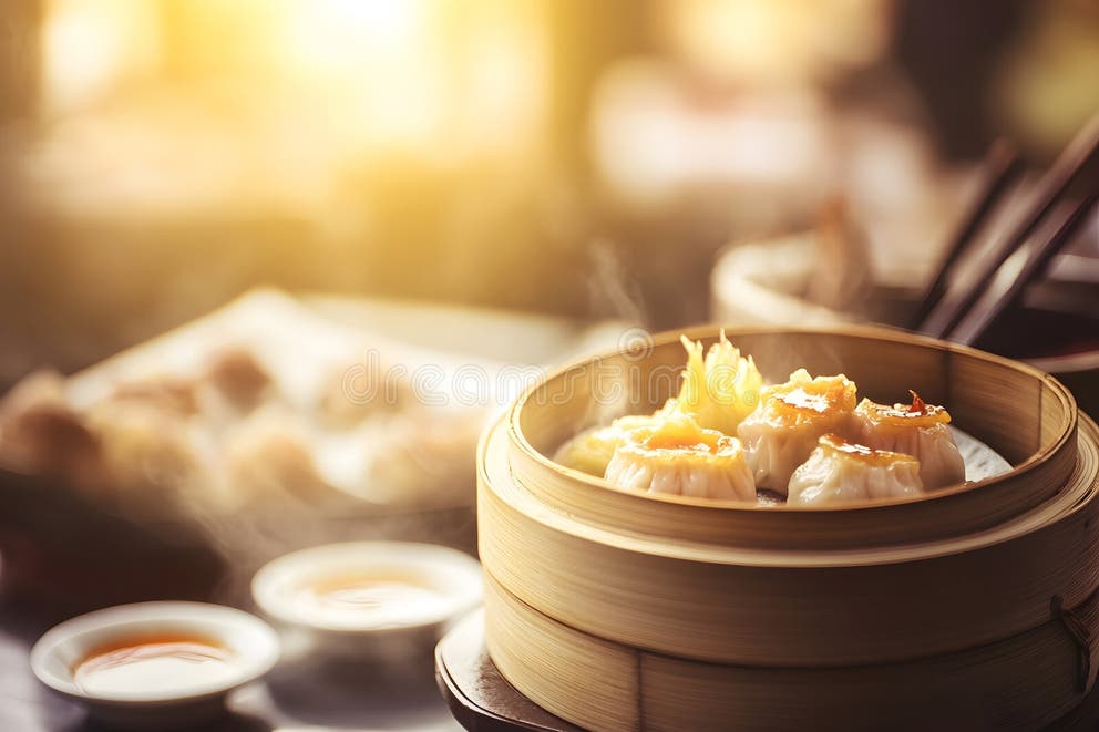 Dim Sum Set in Bamboo Tray, Soft Warm Lighting, Lower Third Space ...