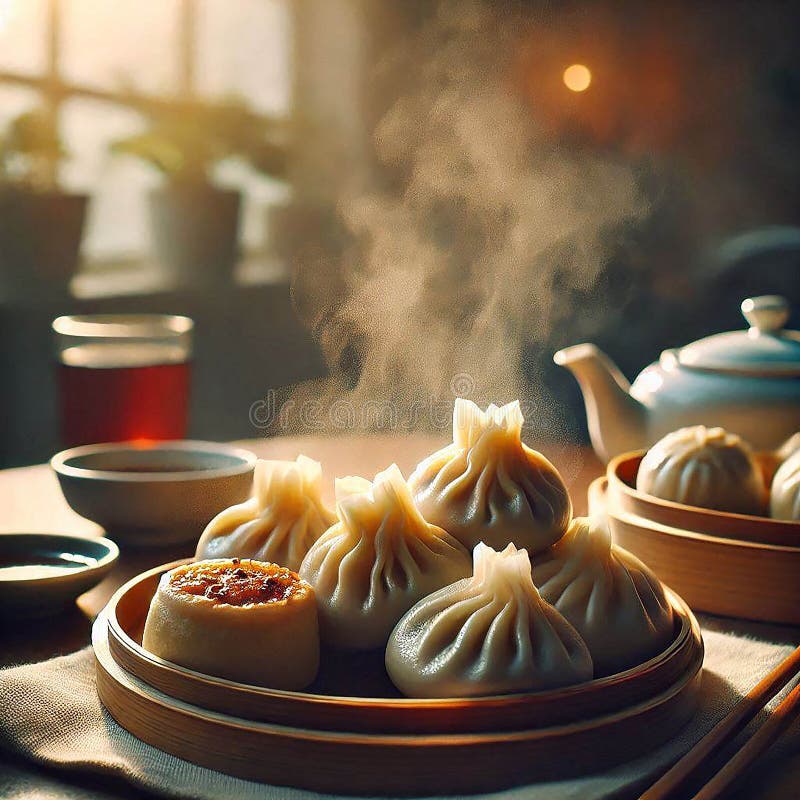 Dim Sum with Steaming Dumplings in Warm Light Stock Illustration ...