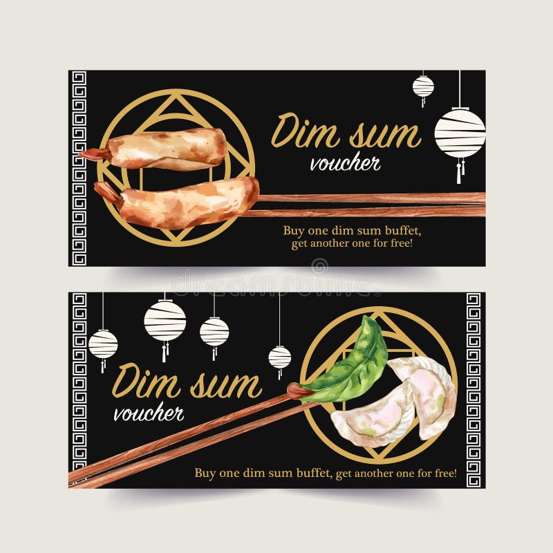 Dim Sum Voucher Design with Spring Roll, Dumpling Watercolor ...