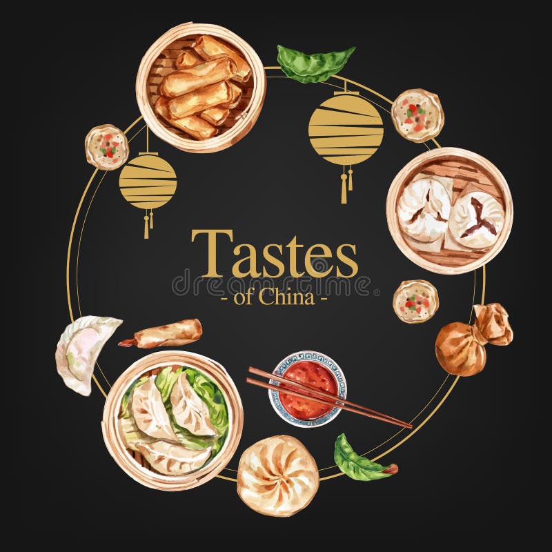 Dim Sum Wreath Design with Spring Roll Watercolor Illustration Stock ...