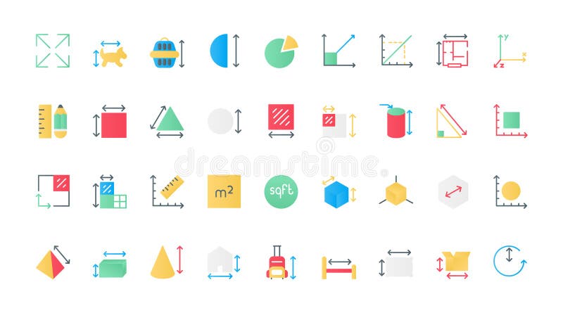 Dimension, Area, and Measure Flat Icons Set, Length, Height, and Width ...