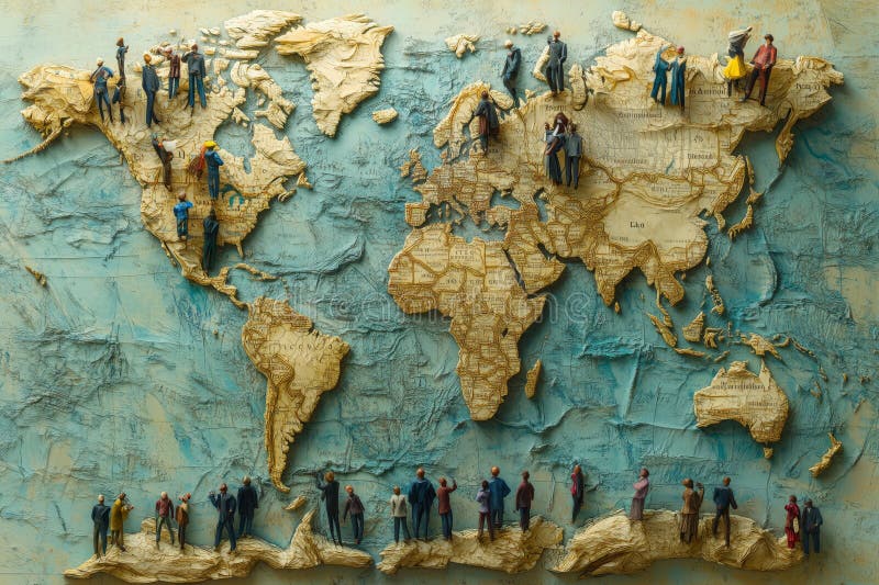 A Dimensional World Map with Miniature Figures Representing Global ...