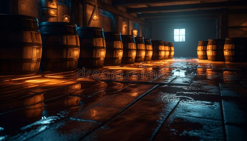 Diminishing Perspective of Barrels in a Row Inside Winery Cellar ...