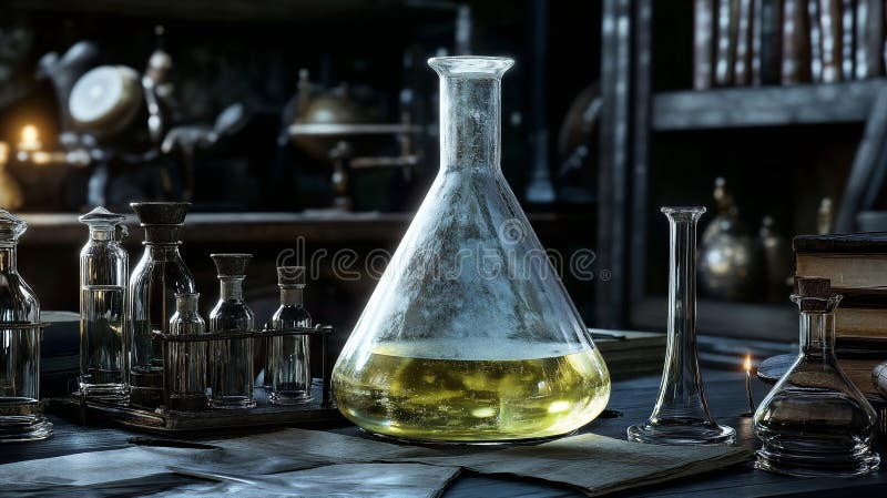 In a Dimly Lit Academy Laboratory, Various Glass Containers Reflect the ...