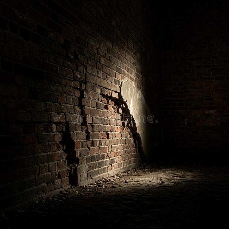 Dimly Lit, Aged Brick Wall with Visible Damage and a Partially Exposed ...
