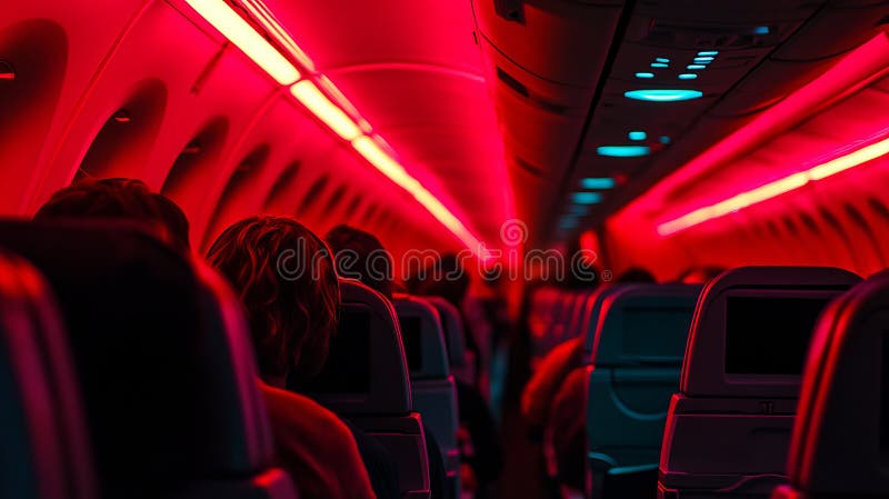 Dimly Lit Airplane Cabin at Night with Red Lighting and Passengers in ...