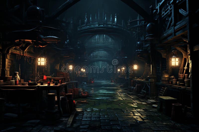 Dimly Lit Alleyway with Illuminated Tables, AI-generated. Stock ...