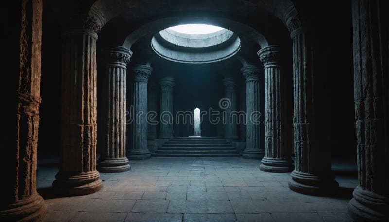 A Dimly Lit, Ancient Chamber with Stone Pillars and a Circular Opening ...