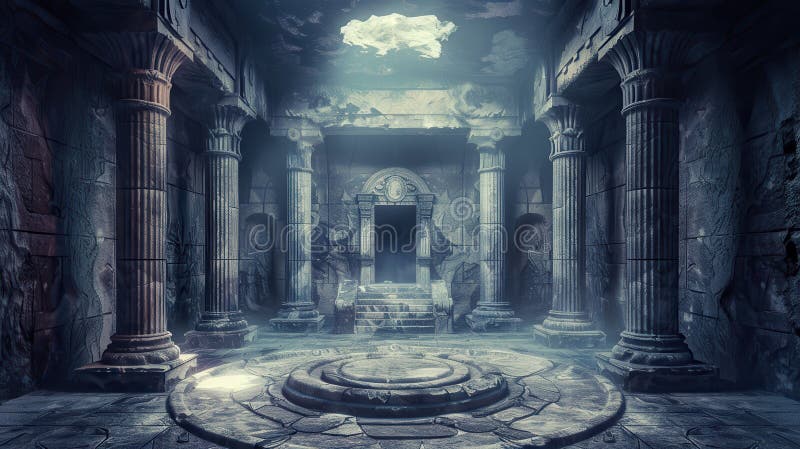 A Dimly Lit Ancient Chamber with Stone Pillars and a Circular Platform ...