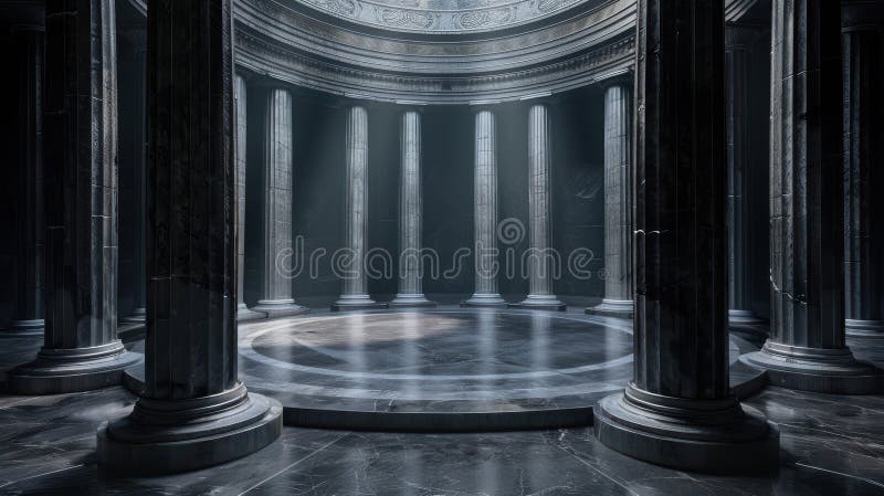 A Dimly Lit Ancient Chamber with Stone Pillars and a Circular Platform ...